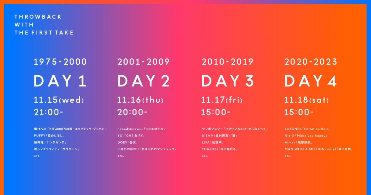 4周年を迎える『THE FIRST TAKE』が、特別企画「THROWBACK with THE FIRST TAKE」を4日連続で開催 ...