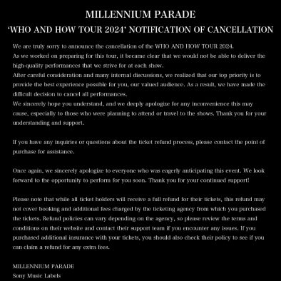 MILLENNIUM PARADE、世界ツアーの中止を発表 – THE FIRST TIMES